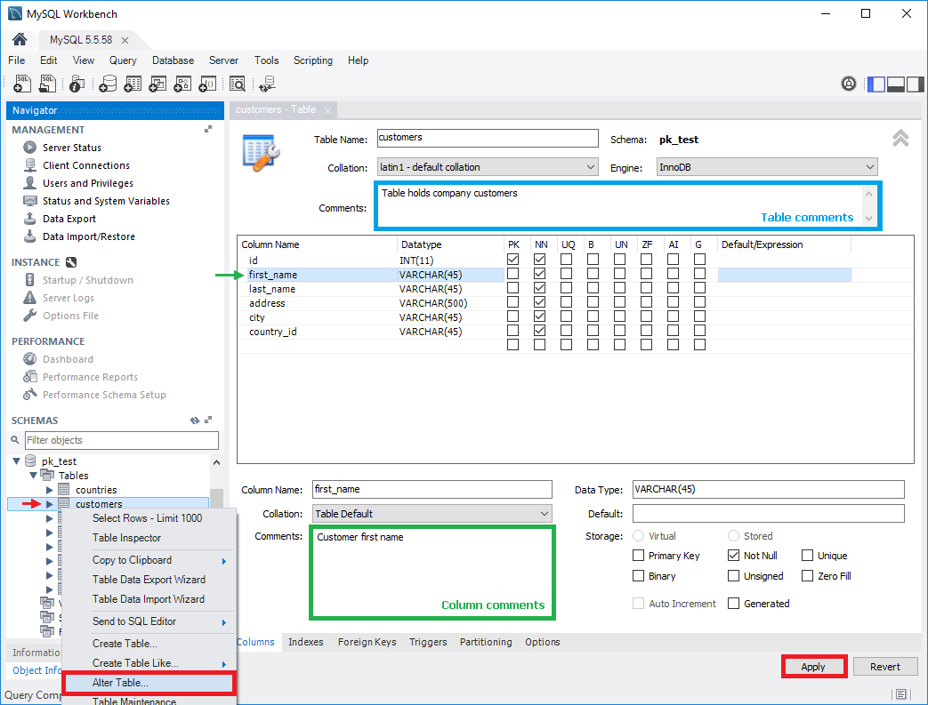 How To View And Edit Table And Column Comments With MySQL Workbench